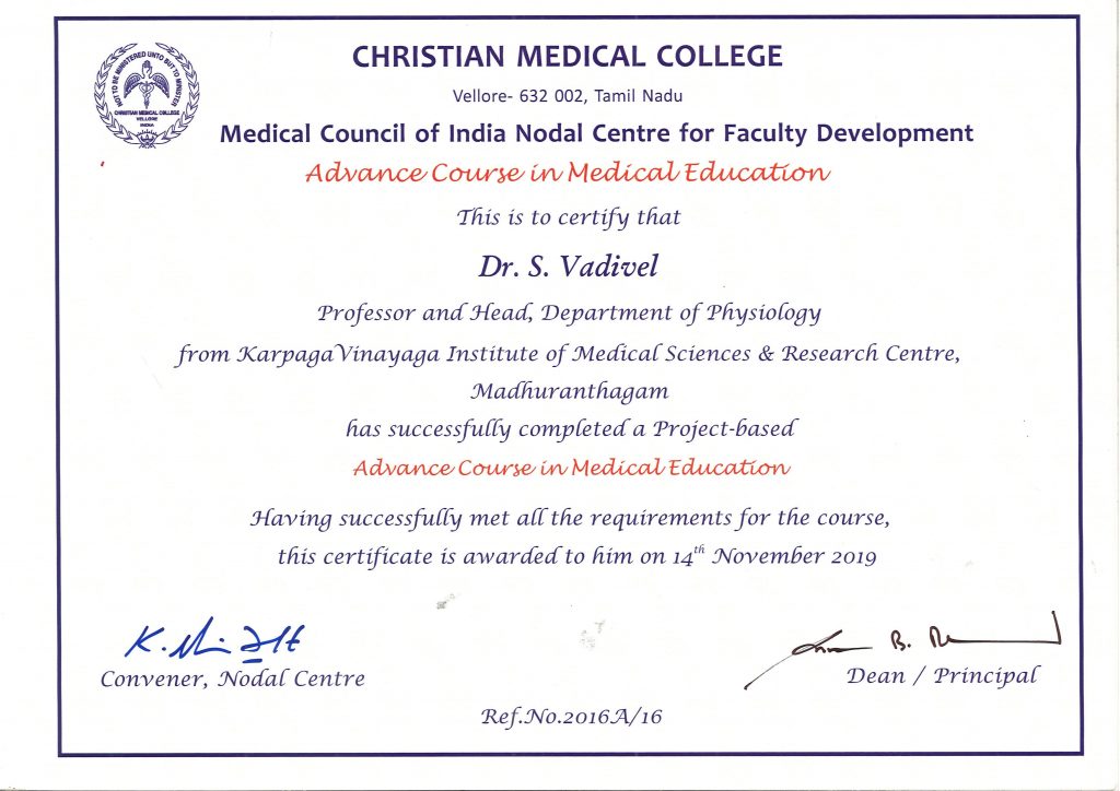Additional Certificate – Karpaga Vinayaga Institute of Medical Sciences ...